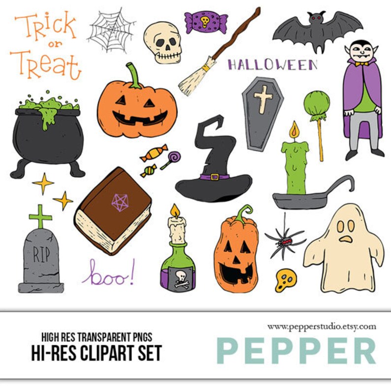 Halloween Doodle Set - Pumpkin, Ghost, Vampire, Witch, Spider, Skull ...