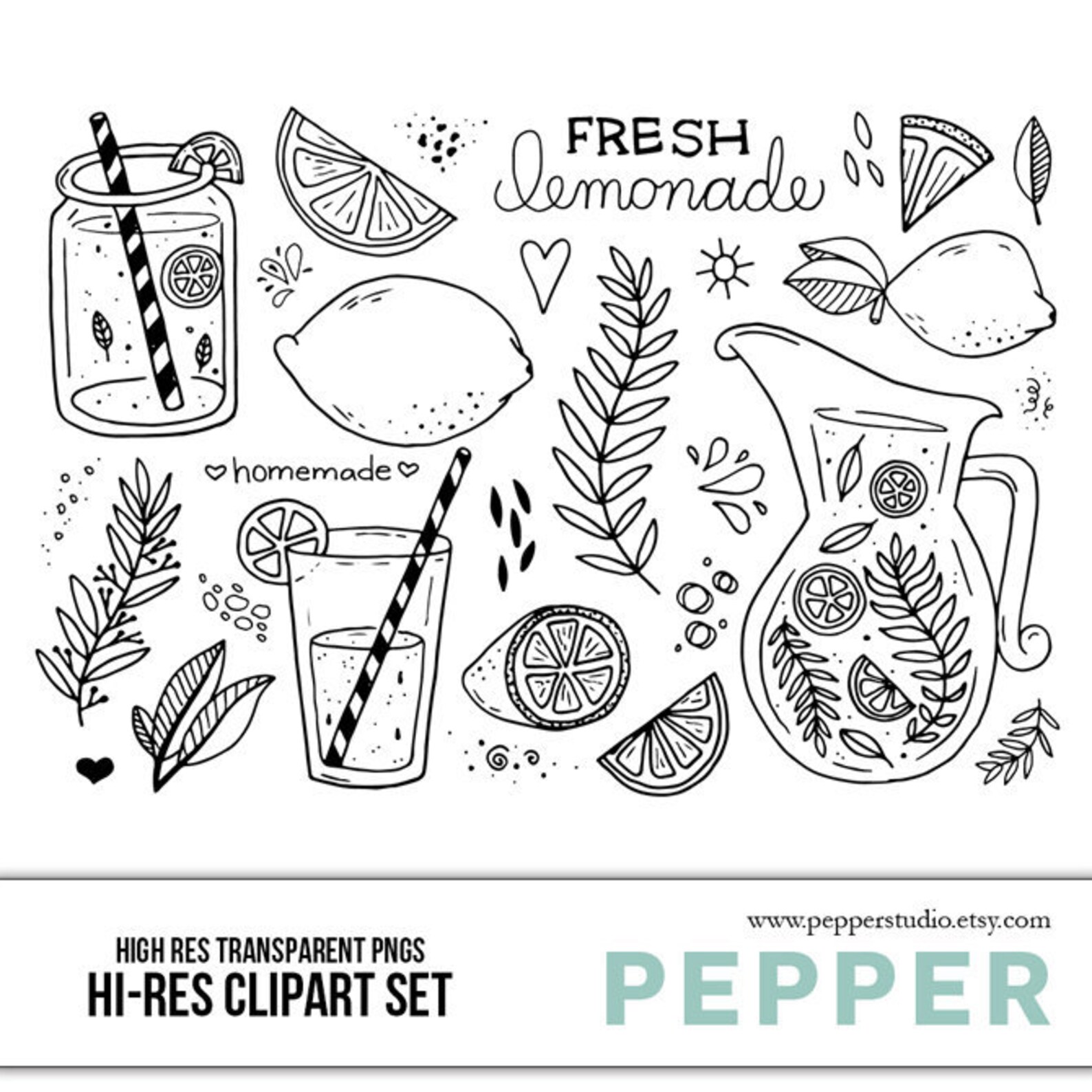Lemonade Doodle Clipart Set - Hi Res Printable Lemons and Lemonade ...