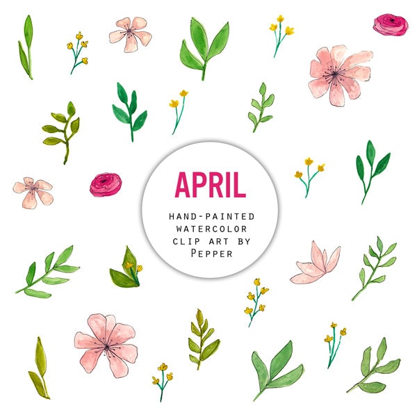 April Watercolor Flowers Clipart Set - Pink, Red, Hi Res Printable Hand ...