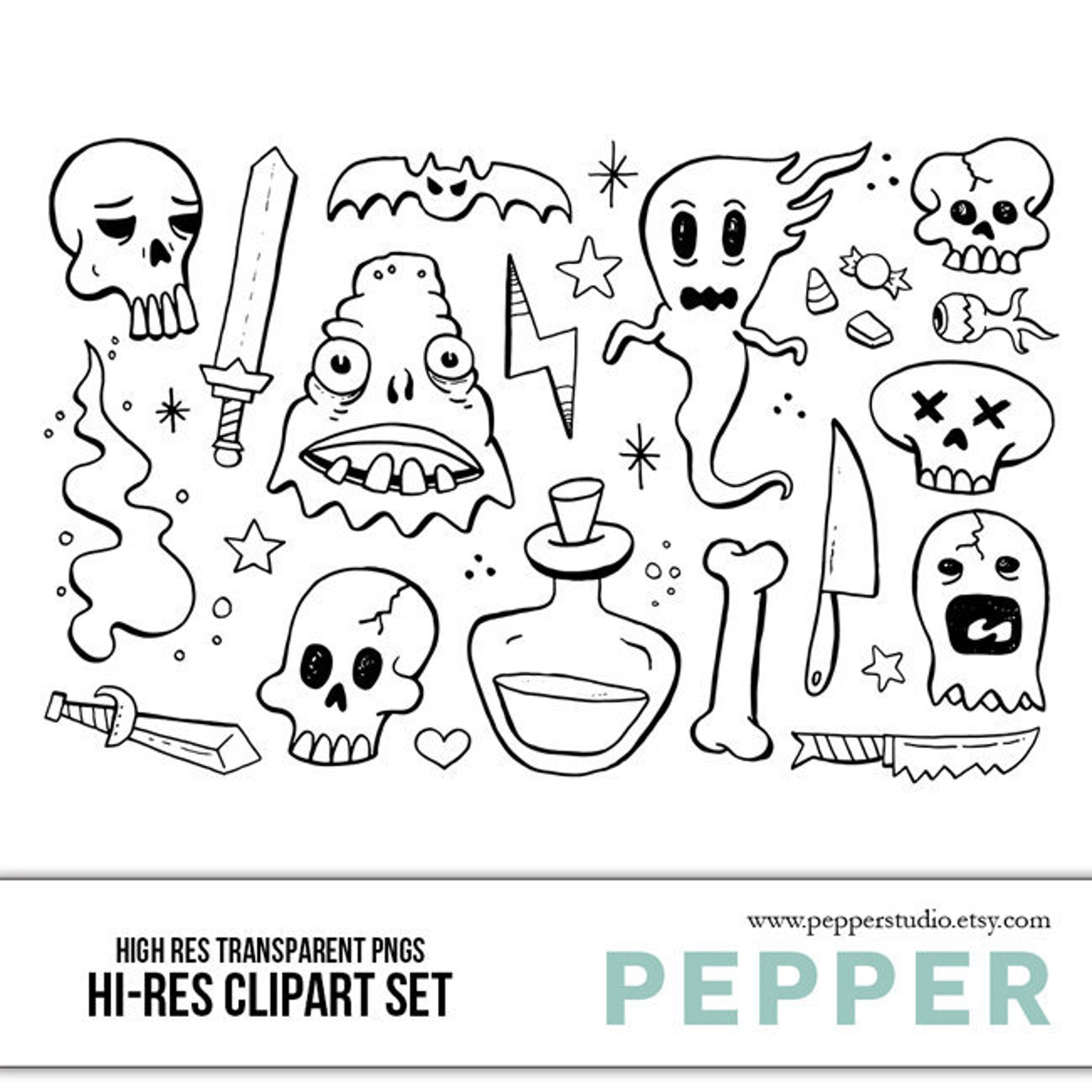 Spooky Halloween Doodle Clipart Set - Skulls, Monsters, Ghosts, Potions ...