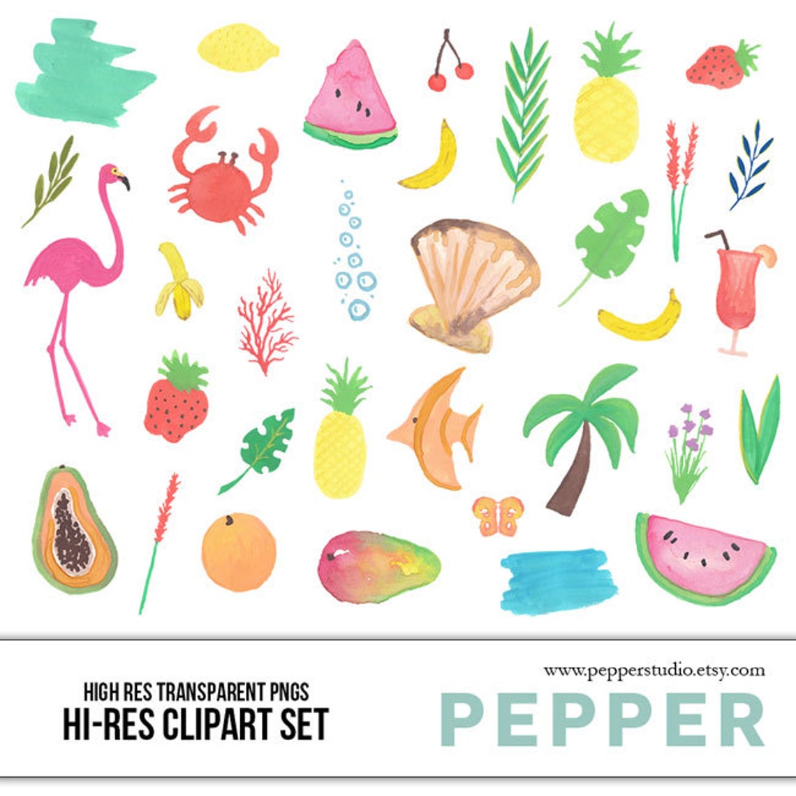 Tropical Vibes Clipart Set - Hi Res Printable Caribbean Watercolor ...