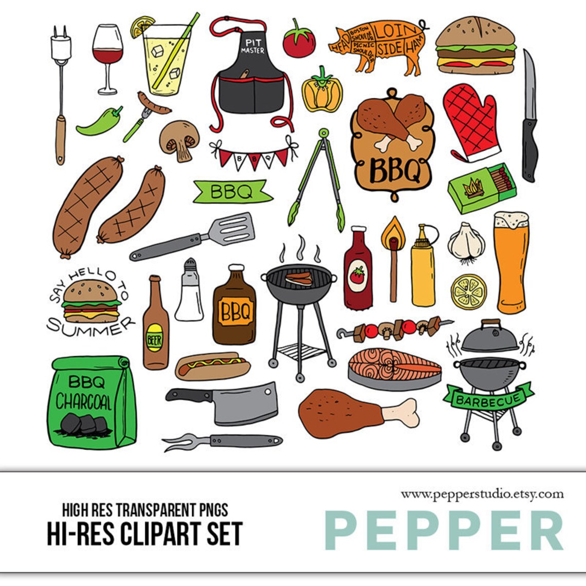 Summer BBQ Clipart Set - Barbecue, Grill, Party, Doodle Icons ...