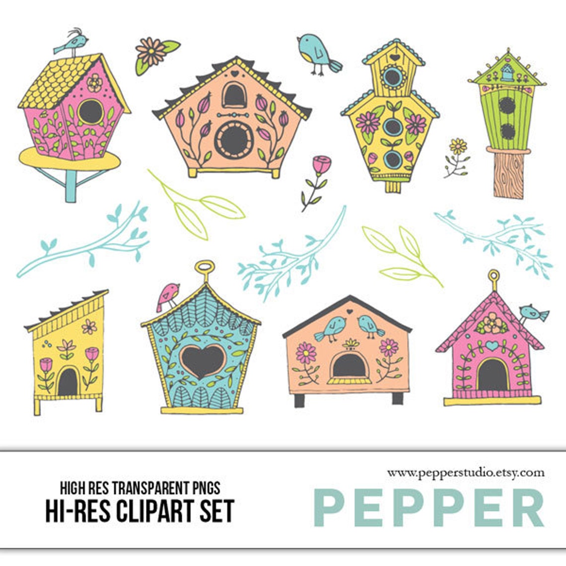 Birdhouses Doodle Clipart Set - Hi Res Printable Bird House ...