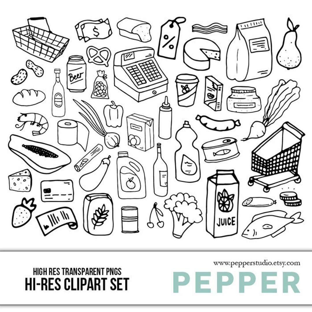 Grocery Shopping Doodle Clipart Food, Health, Supermarket Illustrations ...