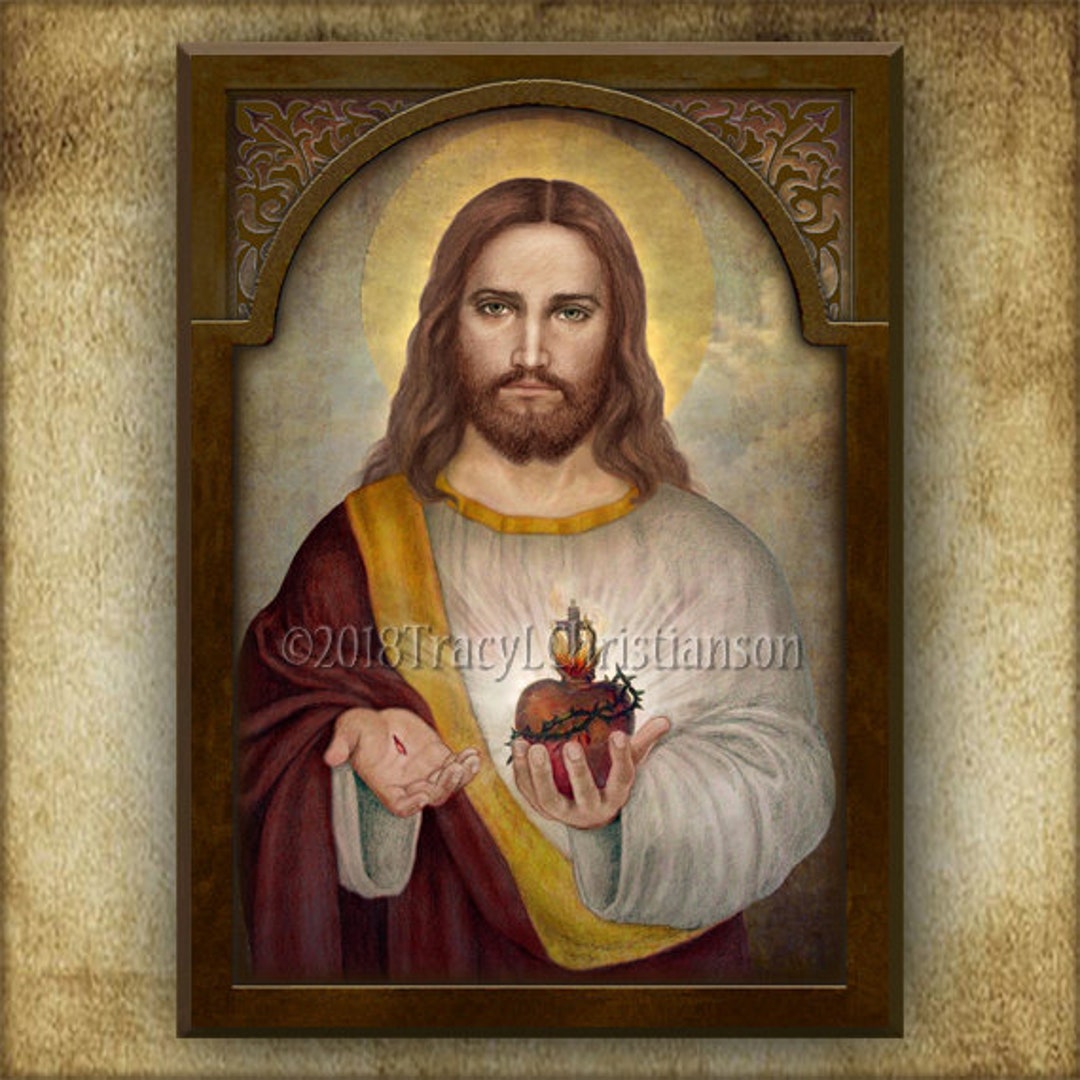 Sacred Heart of Jesus (A) Wood Plaque and Holy Card GIFT SET for ...