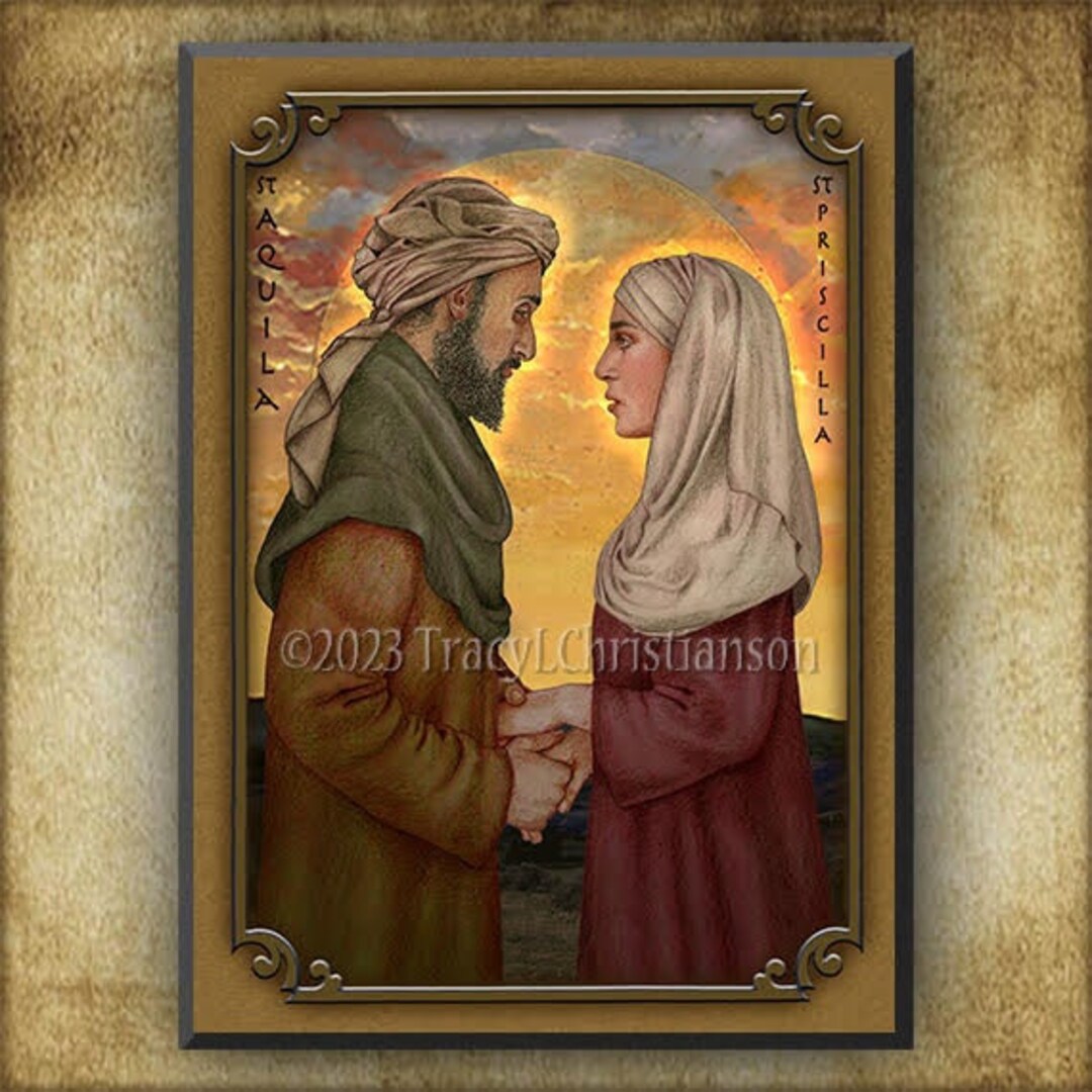 St. Aquila and St. Priscilla Wood Icon & Holy Card GIFT SET for a ...