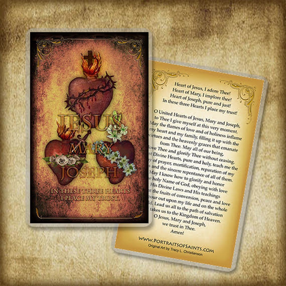 The Three Hearts Holy Card/ Prayer Card, Sacred Heart of Jesus, Mary ...