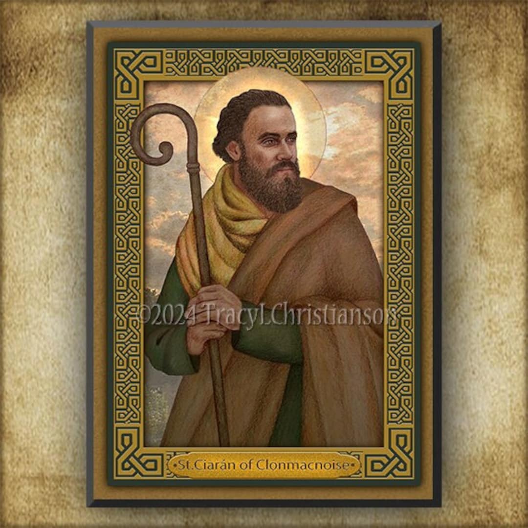 St. Ciarán of Clonmacnoise Wood Icon/plaque & Holy Card GIFT SET ...