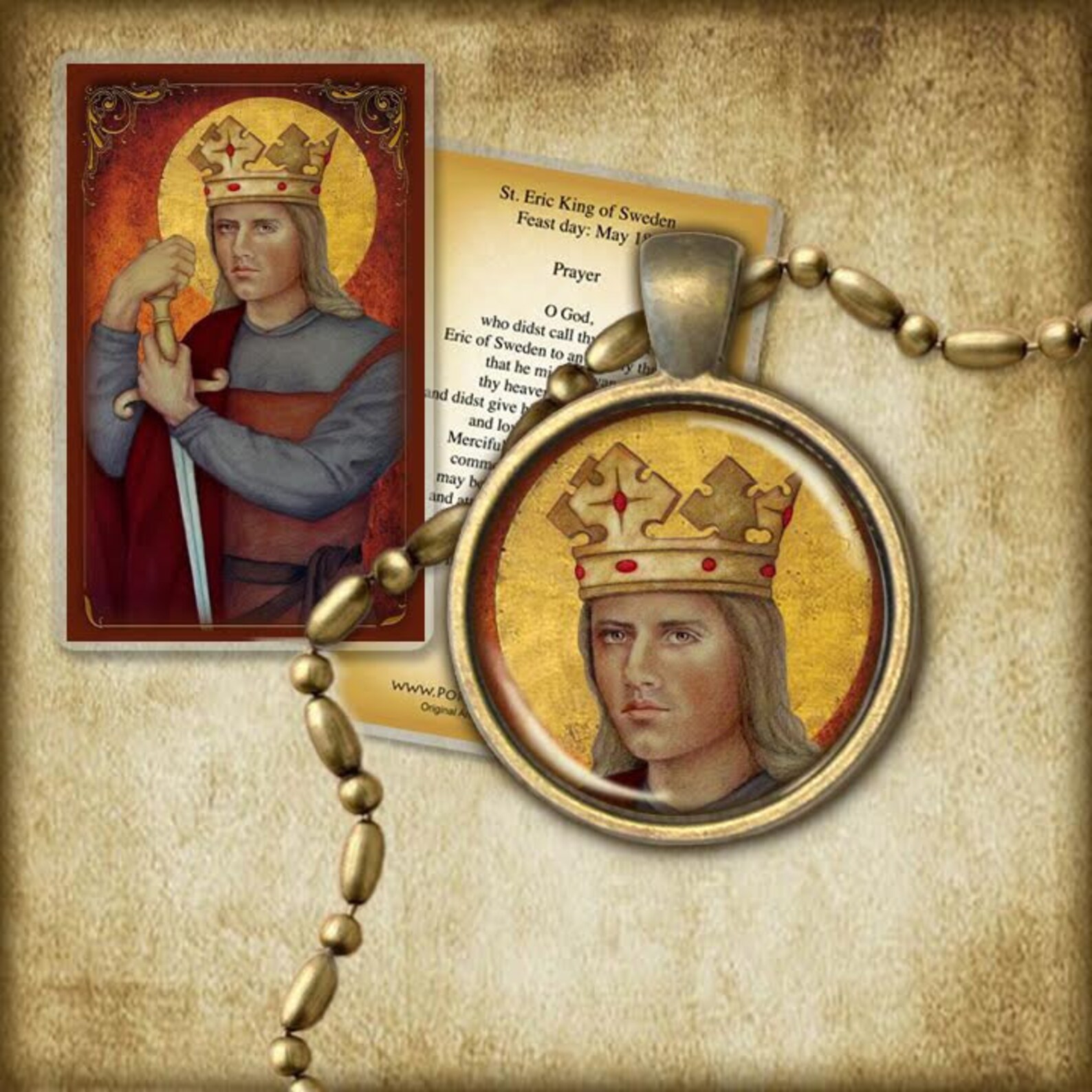 St. Eric IX, King of Sweden Pendant and Holy Card GIFT SET, Patron of ...