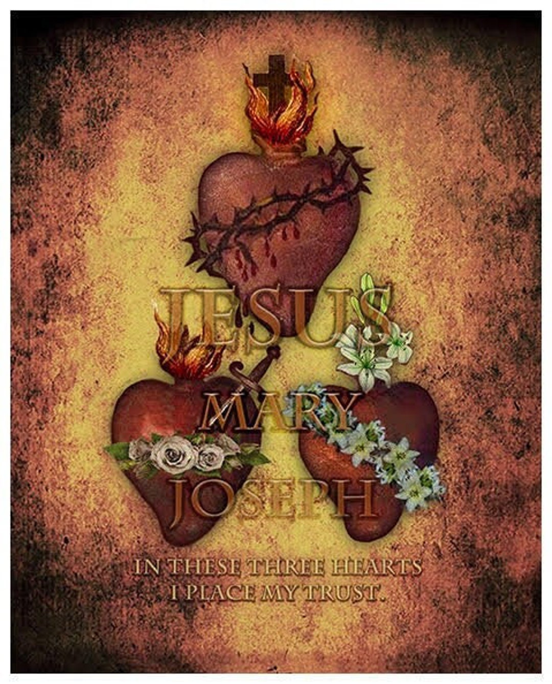 The Three Hearts Catholic Fine Art Print/picture, the Sacred Heart of ...