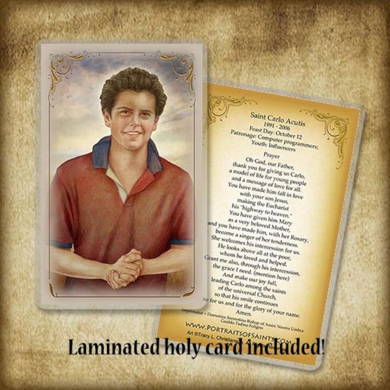St. Carlo Acutis Wood Plaque & Holy Card GIFT SET, Catholic Patron ...