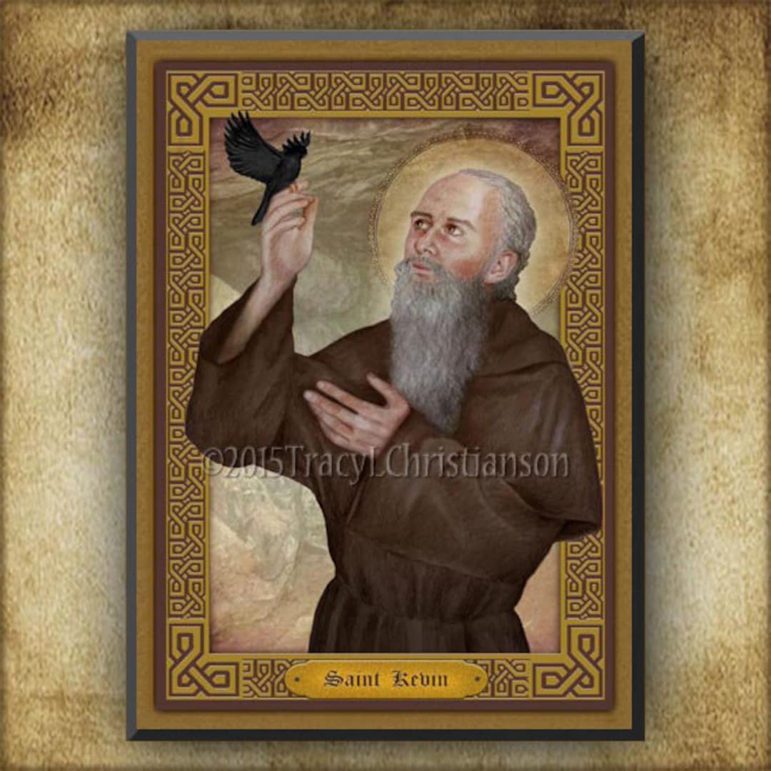 St. Kevin of Glendalough Wood Plaque & Holy Card GIFT SET, Catholic Art ...