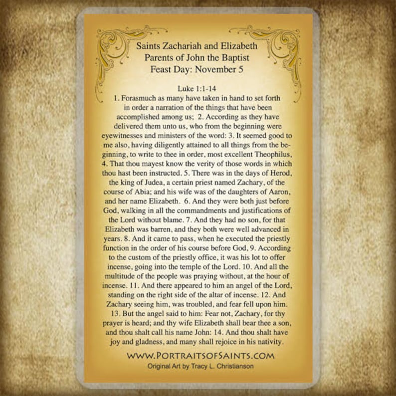 St. Zachariah & St. Elizabeth Holy Card/prayer Card, Catholic Prayer ...