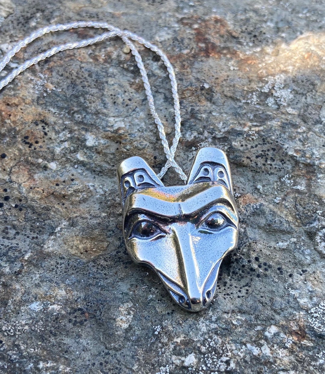 Alaskan Wolf Native Style Amulet Pendant, on 20" Sterling Chain, Cast ...