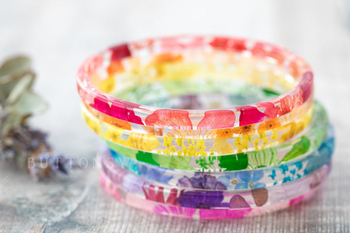 Real Flower Bangle Rainbow Stacking Bangle Set Resin | Etsy