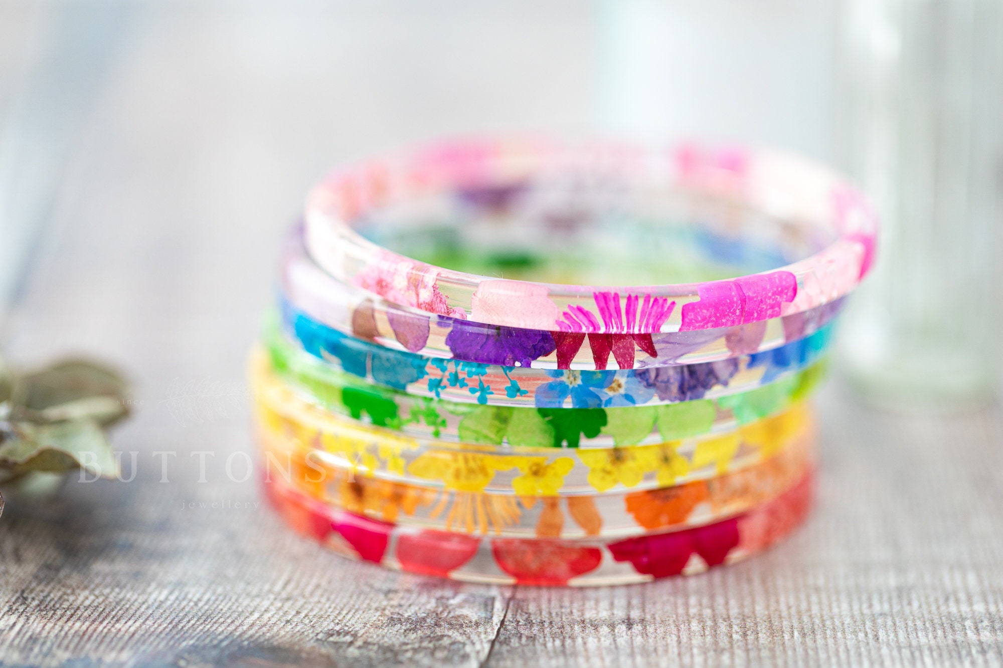 Real Flower Bangle Rainbow Stacking Bangle Set Resin | Etsy