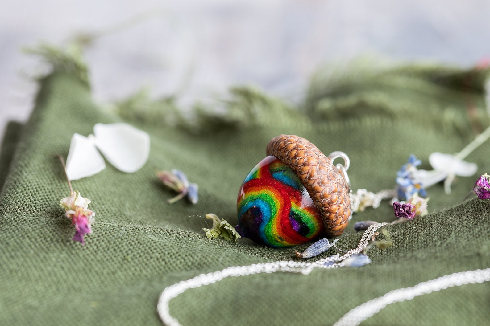 Rainbow Acorn Necklace Real Flower Jewellery Autumn | Etsy