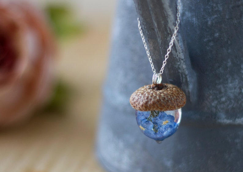 Acorn Cap Necklace: Real Forget Me Not Flowers - Etsy UK