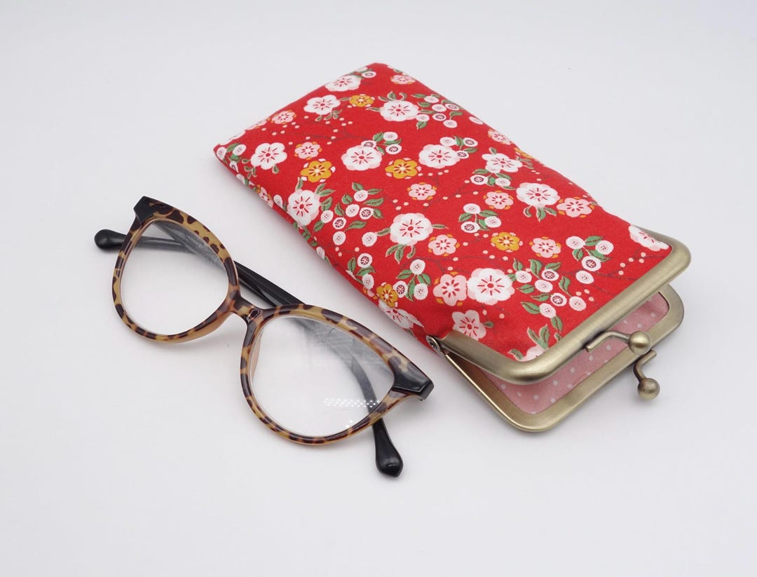 Red Kisslock Eyeglasses Case for Women, Japanese Fabric, Cherry Blossom ...