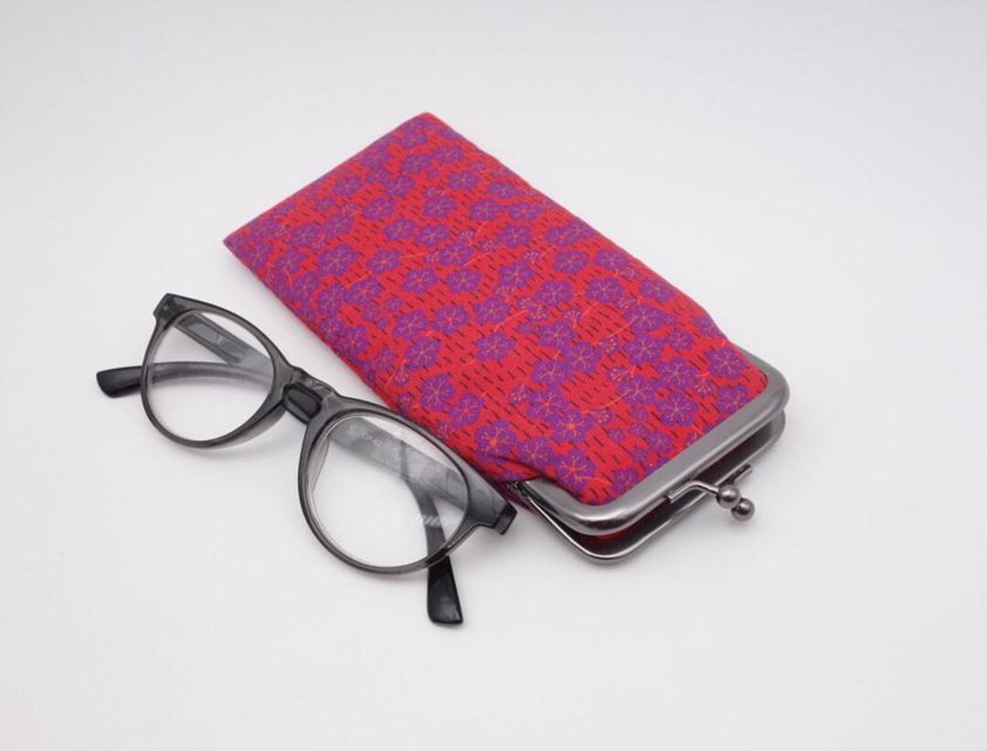Kisslock Eyeglasses Purse Japanese Sakura Print, Purple Carnations on ...