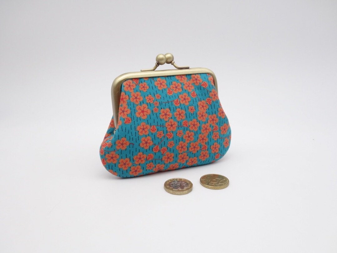 Twin Metal Frame Change Purse Japanese Sakura Print in Turquoise Blue ...
