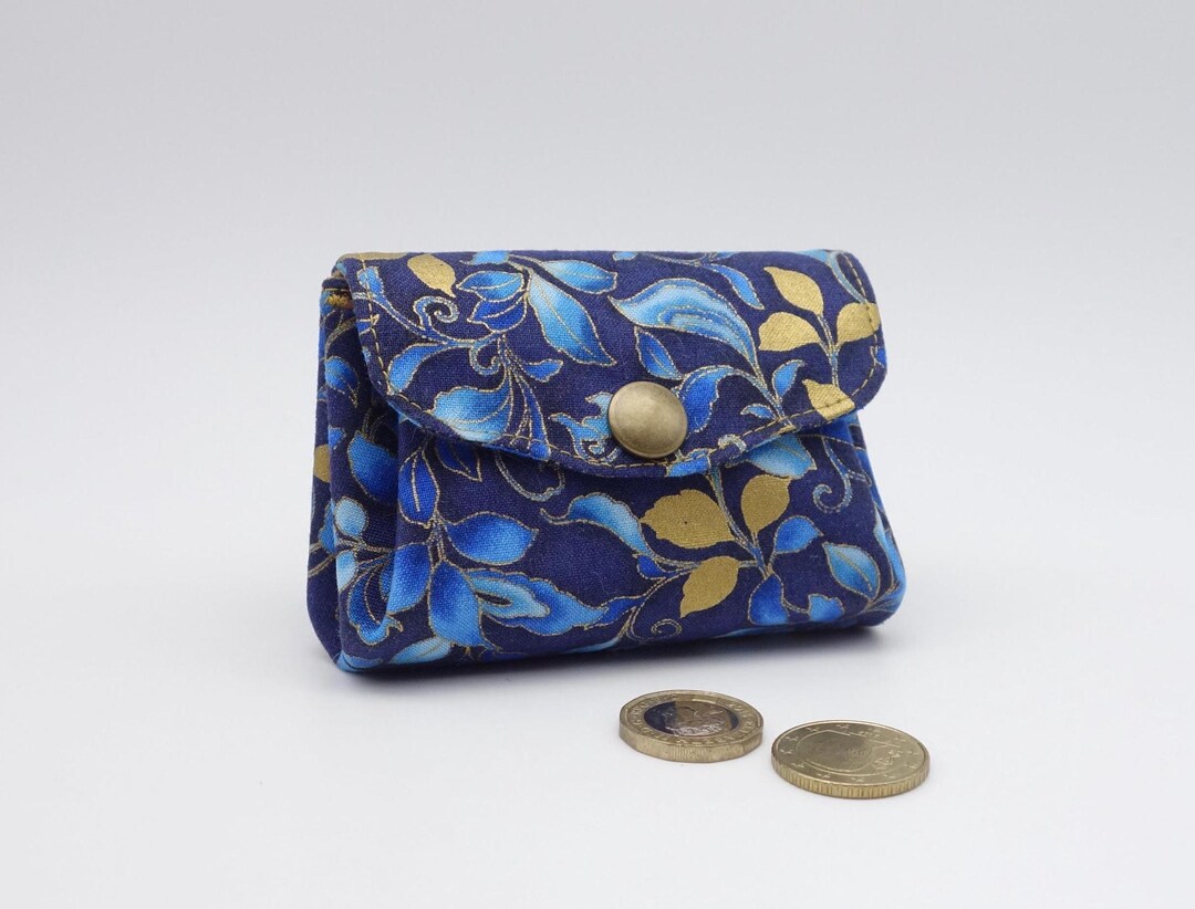 Blue Change Purse and Card Holder, Leave Print in Blue and Gold, 3 ...
