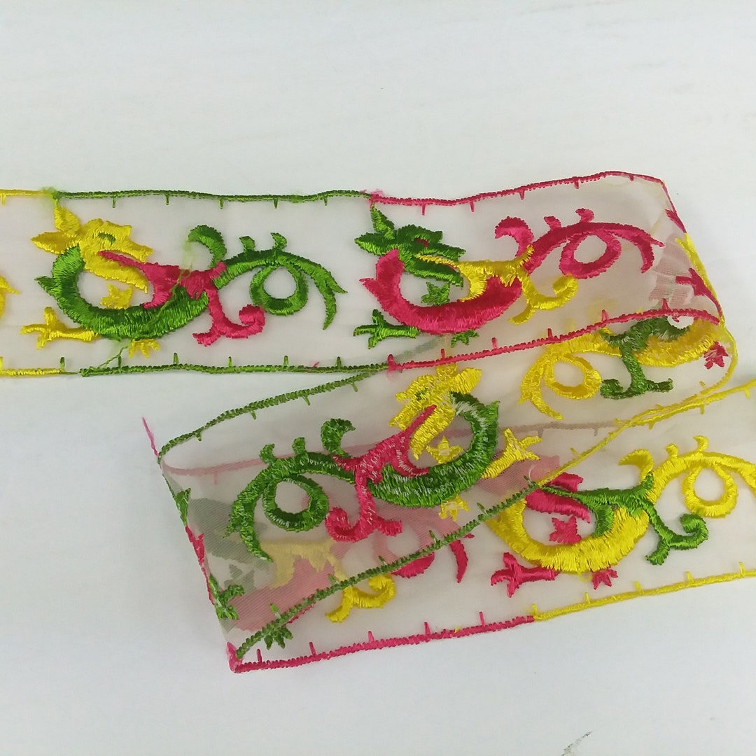 Vintage Sheer Organza Lace Trim Embroidered Dragons 6 Yds Red Green ...