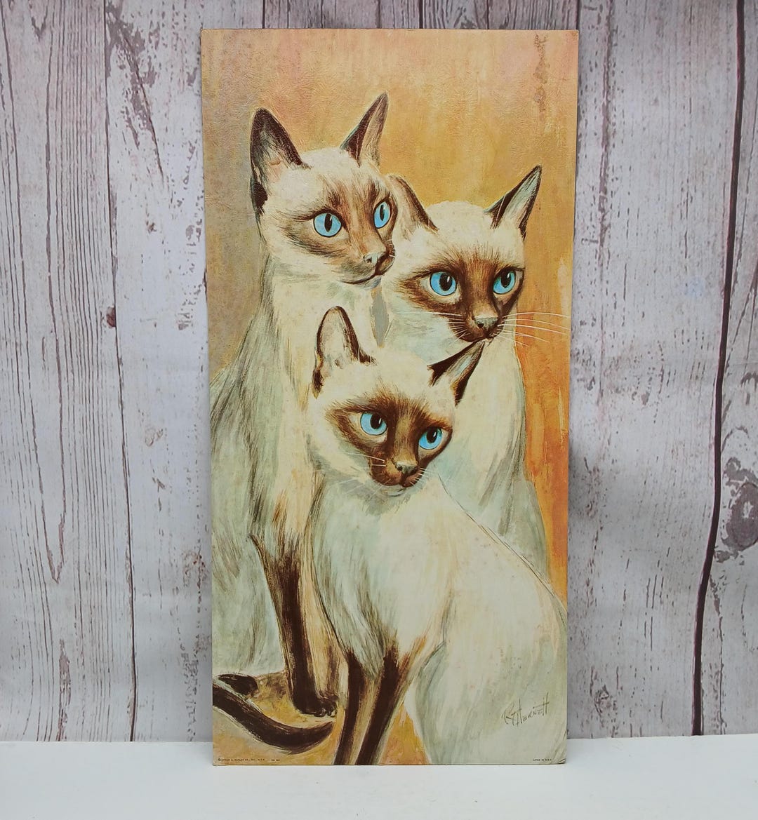 Vintage Siamese Cats Art Print MCM Cat Lithograph R F Harnett 24" Mid ...