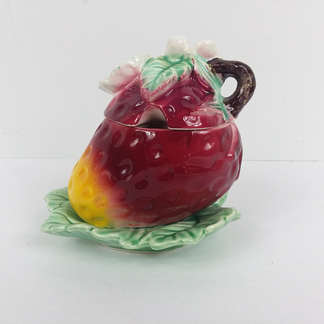 Vintage Strawberry Shaped Jam Jelly Server Jar W/ Lid Attached Leaf ...