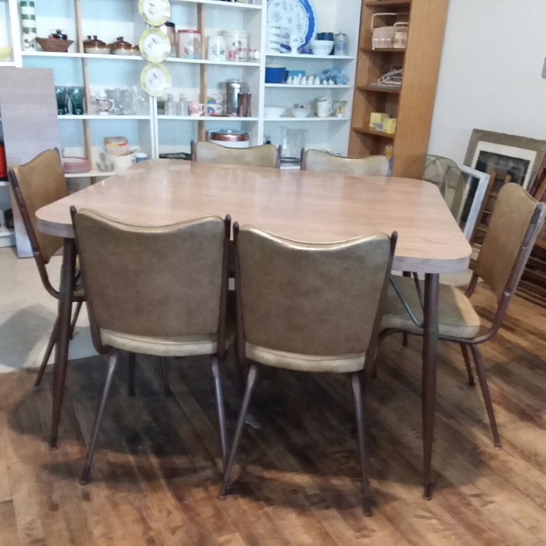 1960's Woodgrain Formica Top Dining Table With 6 Chairs & 2 Leaves ...