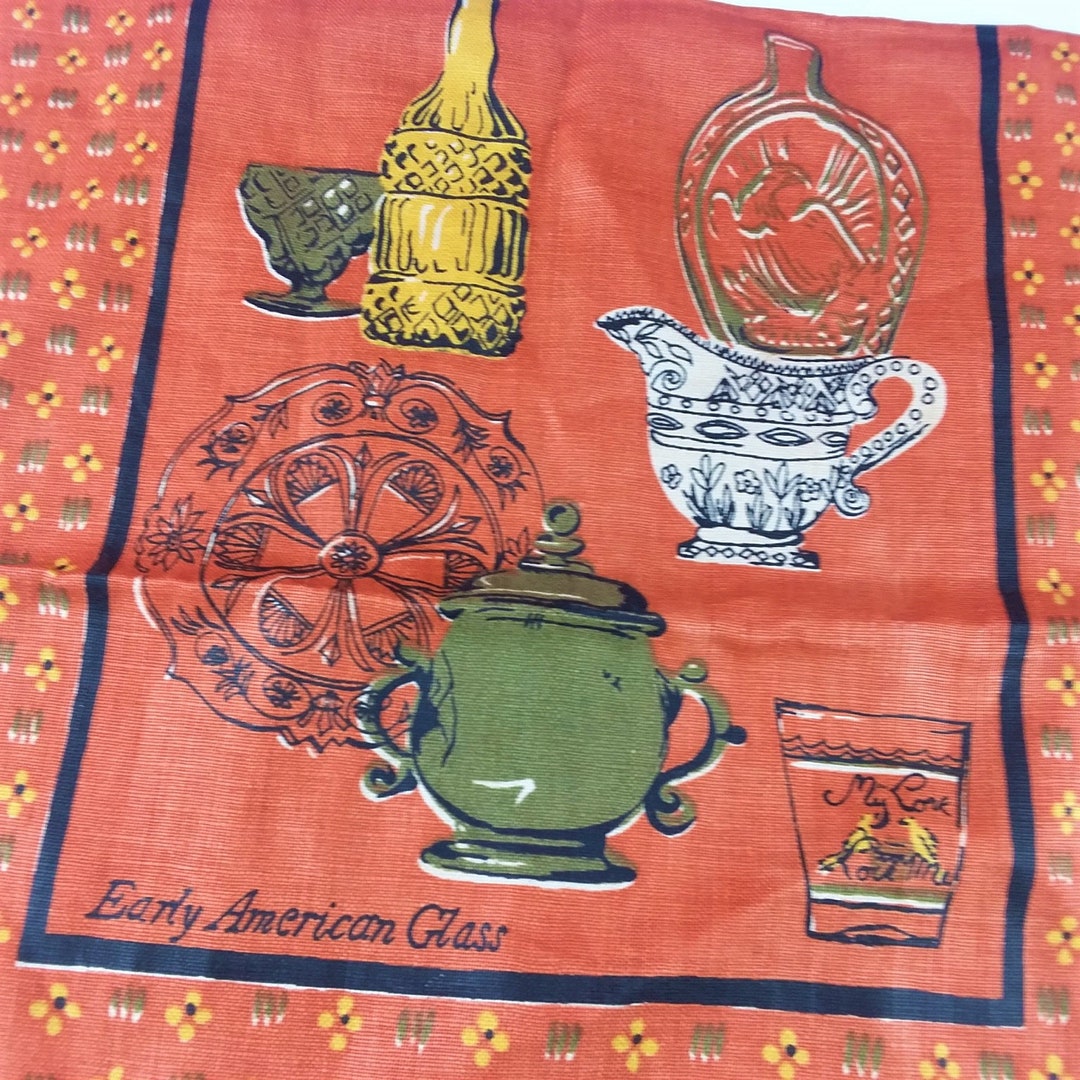 Vtg Linen Kitchen Towel Early American Glass Melanie Hanna Cabble Hardy ...