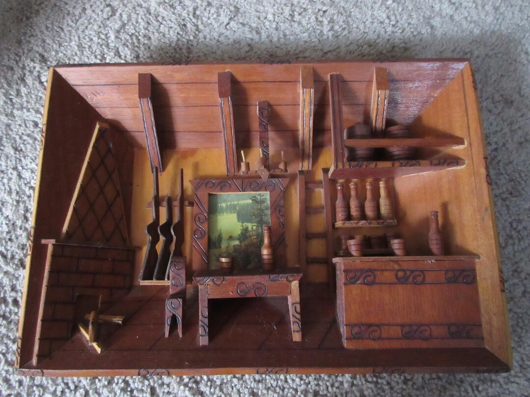 Vintage 1960's Hand Carved Wood Diorama Hunting Lodge Tavern Rustic - Etsy
