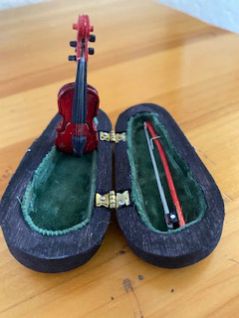 Vintage Miniature Red Violin and Bow, in Wood Case With Green Velvet ...