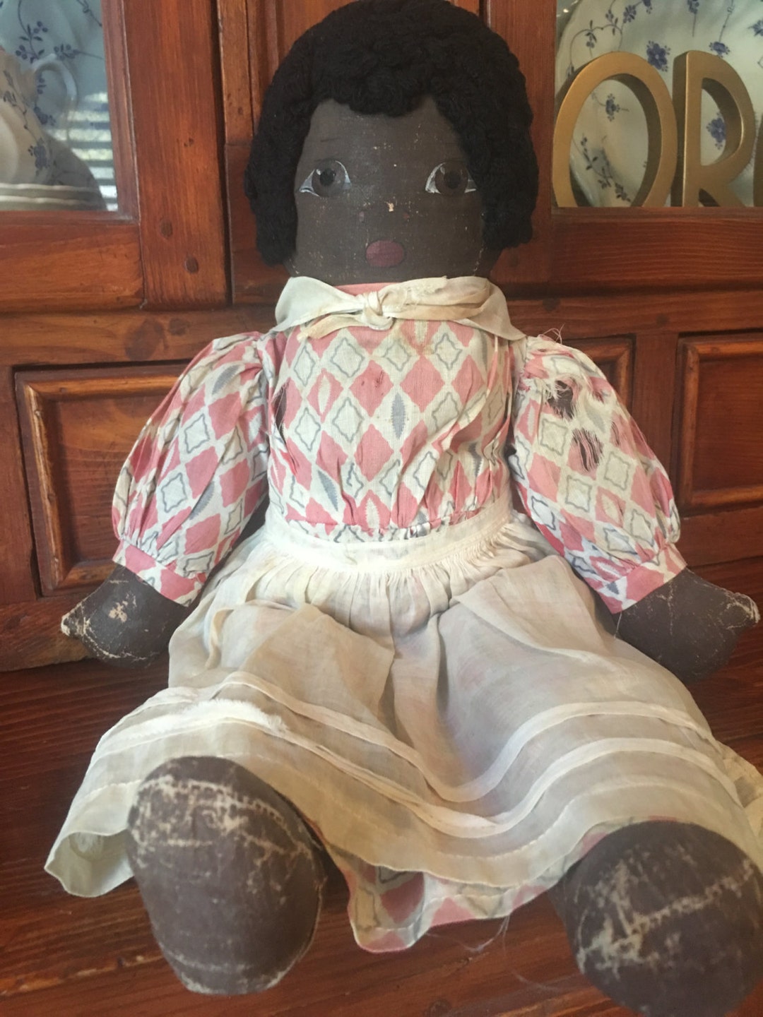 African American Folk Art Primitive Rag Doll ~ Hand Painted Face, Curly ...