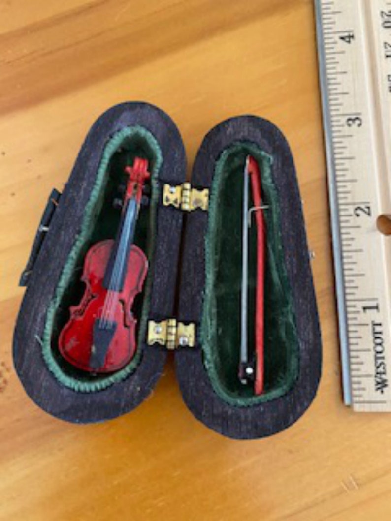 Vintage Miniature Red Violin and Bow, in Wood Case With Green Velvet ...