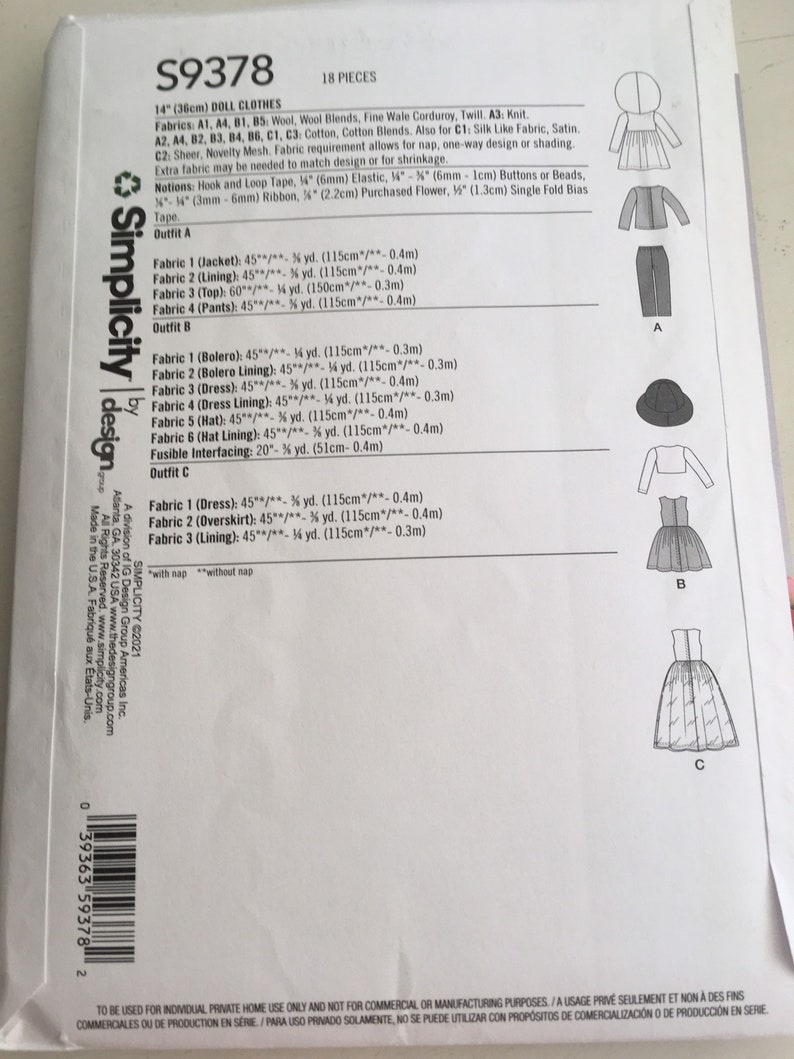 Simplicity 9378 Doll Clothes Pattern-14 Uncut - Etsy