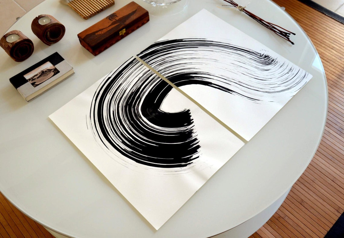 Original Diptych Abstract Ink Drawing Wave Black and White - Etsy