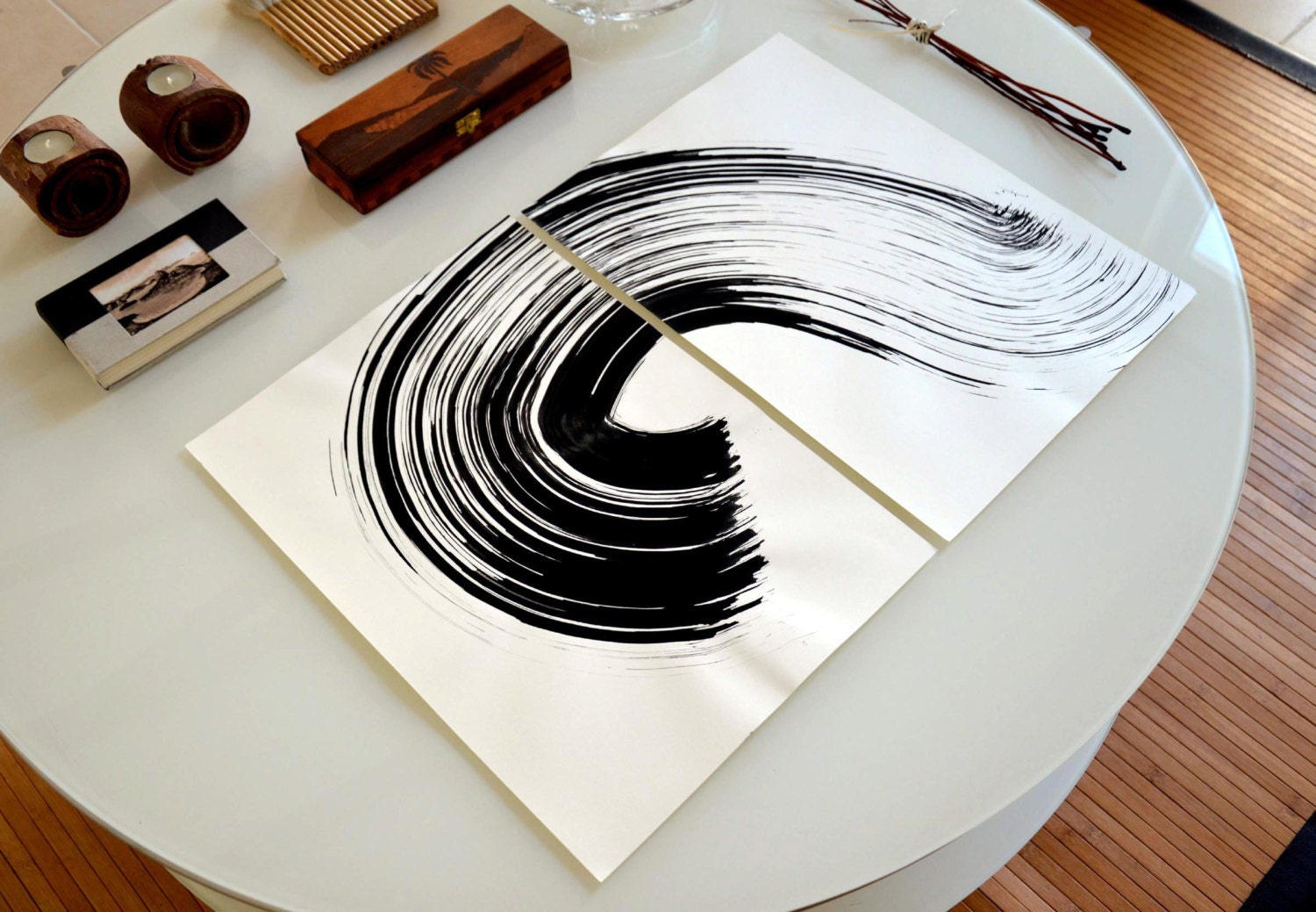 Original Diptych Abstract Ink Drawing, Wave, Black and White Abstract ...