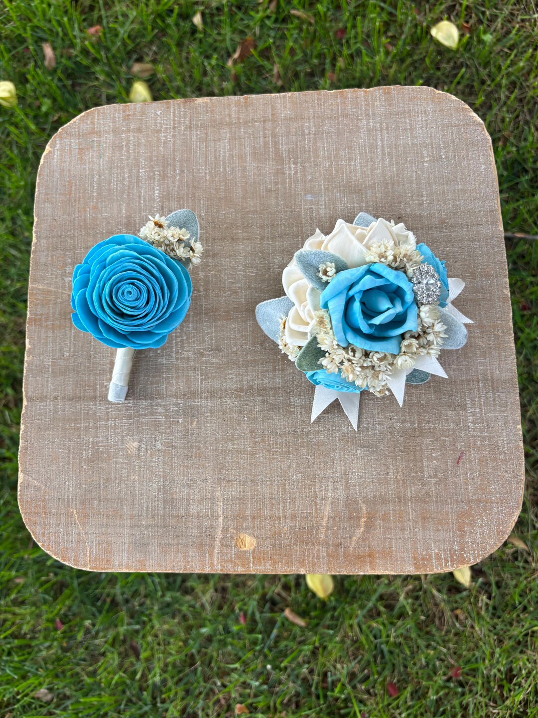 READY TO SHIP Wood Flower Corsage and Boutonnière Set – Light Blue and ...