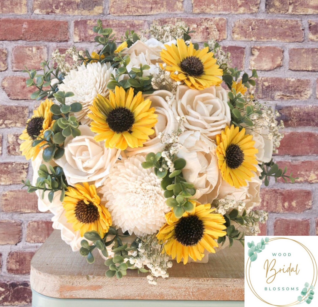 Ivory Rose and Sunflower Sola Wood Bouquet – Bright, Bold and ...