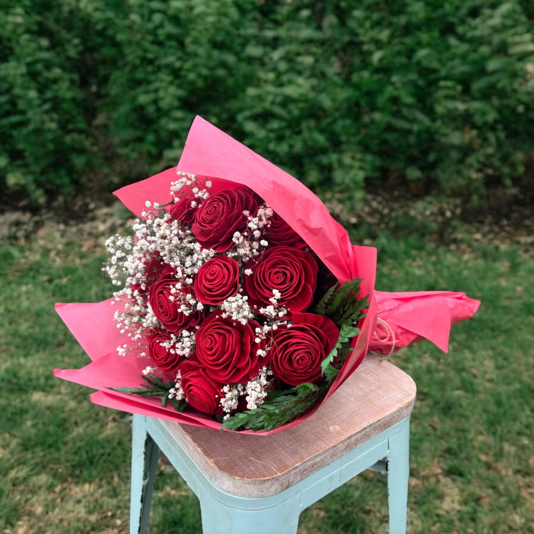 Wood Rose Bouquet – Dried Baby's Breath, Preserved Leather Leaf- Colors ...
