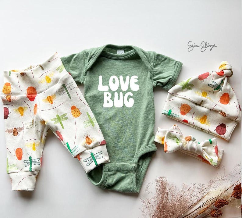 Love Bug Baby Outfit: Insect Print, Sage Green Bodysuit - Etsy
