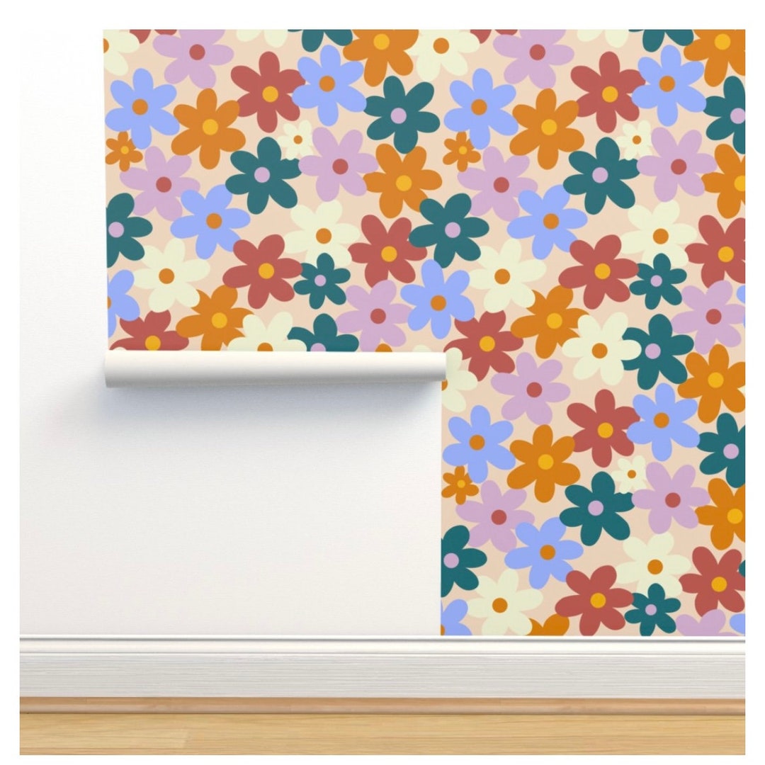 Retro Flowers Wallpaper, 70s Flower Wallpaper, Retro Boho Floral Drawer ...