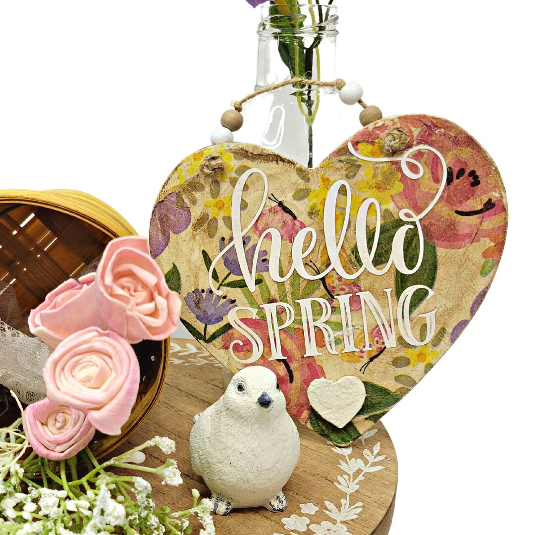 Heart Shaped Hello Spring Sign Farmhouse Cottage Chic Sign Flowers and ...