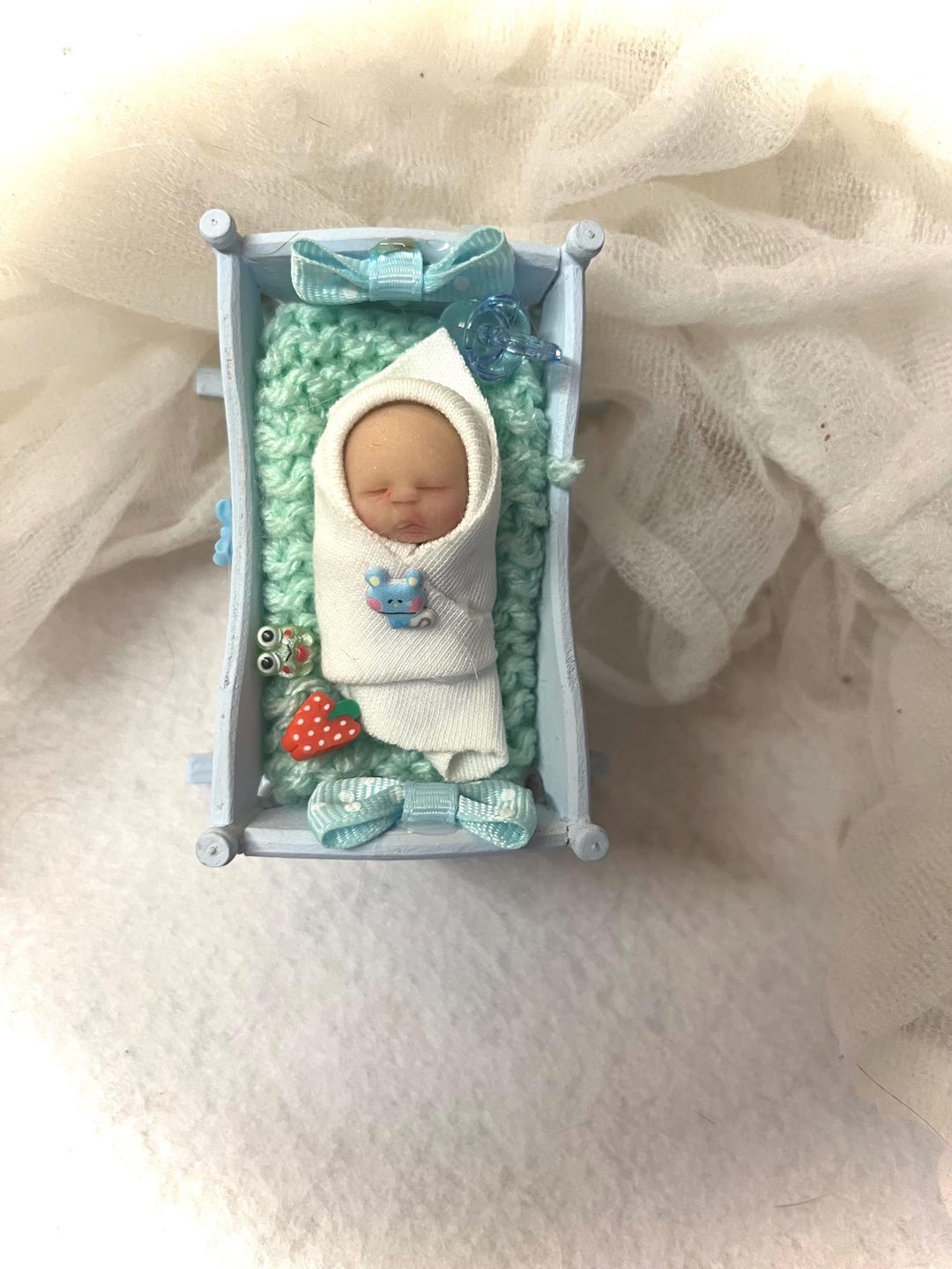 Beautiful Polymer Clay Baby Boy Hand Painted Baby Blue Crib,cot,sculpt ...