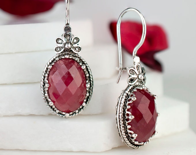 Ruby Silver Drop Earrings,women 925 Sterling Silver Opaque Ruby Red ...