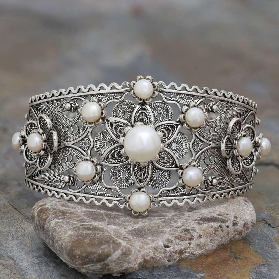 Handmade Pearl Silver Cuff Bracelet, Pearl and 925 Sterling Silver ...