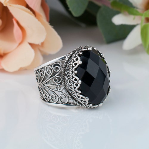 Silver & Faceted Onyx Bold Statement Ring 925 Sterling Size - Etsy