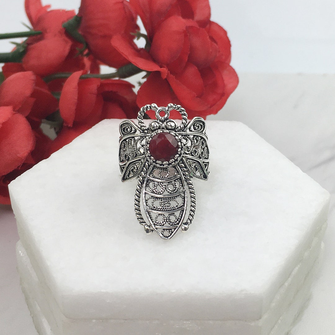 Ruby Silver Bumblebee Ring, 925 Sterling Silver Red Ruby Gemstone ...
