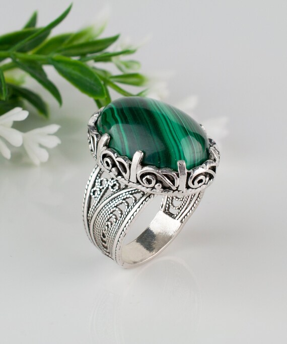 Bold Genuine Malachite Silver Ring women 925 Sterling Silver Authentic Green Malachite Artisan Crafted Filigree Oval Cocktail Statement Ring Etsy